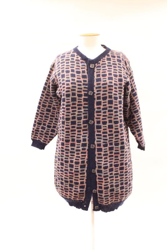 Woollen cardigan c.1990s with dark blue & purple geometric pattern ...