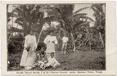 Black & white postcard c.1900s, from Tonga, of a native family under ...