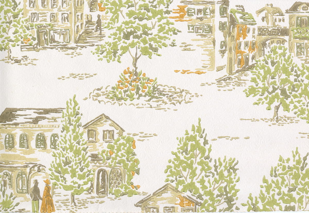 Roll of wallpaper c.early 1960s. Stencil pattern of country house in ...