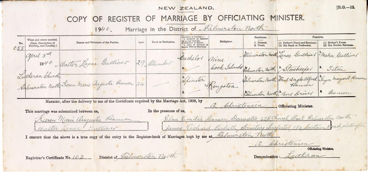 Marriage certificate c.1940 for Walter Gulliver & Karen Hansen ...