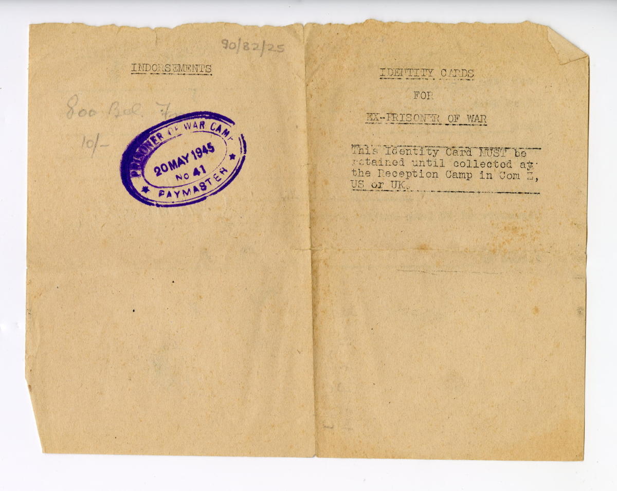 German identity card for ex N.Z. prisoner of war, Thomas Little, 1945 ...