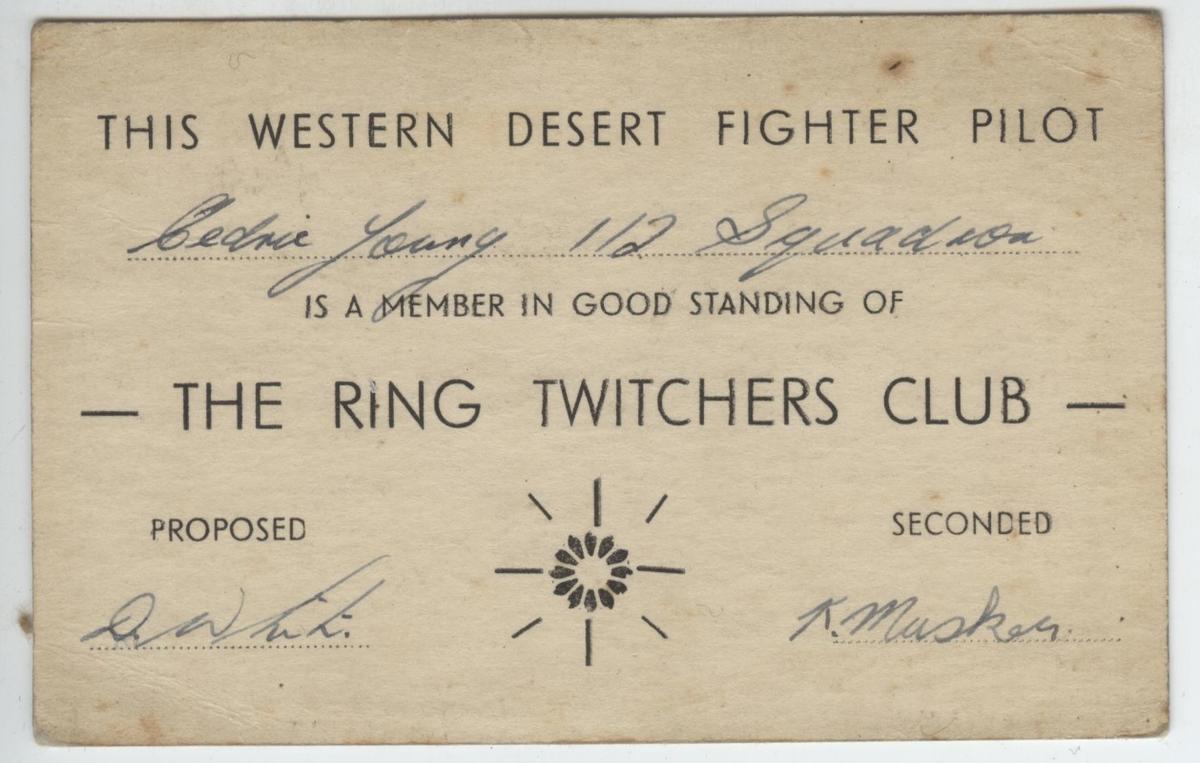 Ring Twitchers Club membership card, World War II for airman Cedric Young. - Te Manawa
